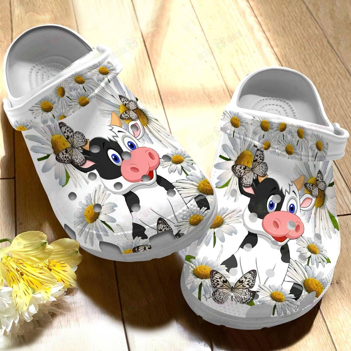 Flower Power Moo: Blossom with Cow Flower Crocs Classic Clogs - 365crocs